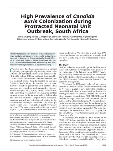 Pdf High Prevalence Of Candida Auris Colonization During Protracted Neonatal Unit Outbreak