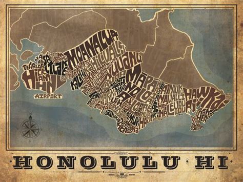 Honolulu Hawaii Type Map Hand Drawn Type How To Draw Hands Art Prints