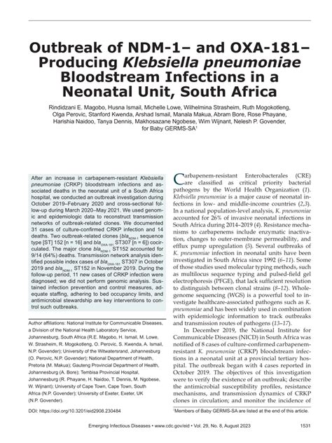Pdf Outbreak Of Ndm 1 And Oxa 181 Producing Klebsiella Pneumoniae