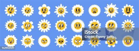 만화 웃는 데이지 꽃 복고풍 피는 만화 꽃 얼굴 재미있는 카모마일 이모티콘 귀여운 캐리커처 마스코트 플랫 벡터 일러스트 레이 션 세트 눈과 입으로 쾌활한 데이지 얼굴 개체