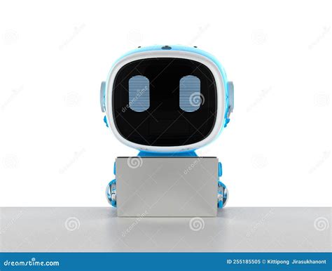 Blue Robotic Assistant Or Artificial Intelligence Robot Work With Laptop Stock Illustration