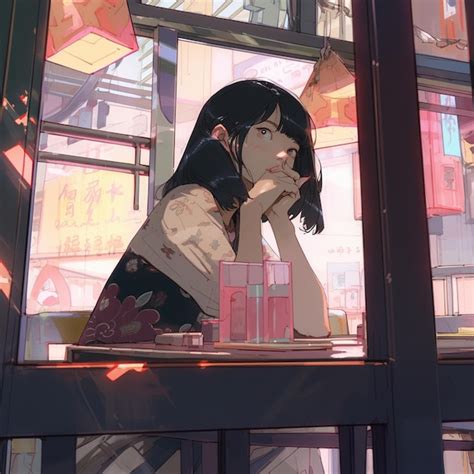 Premium Ai Image Anime Girl Sitting At A Table Looking Out A Window