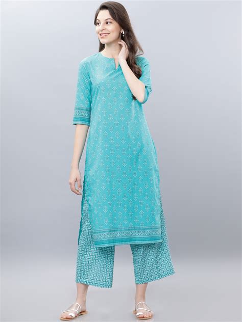 Buy Vishudh Women Sea Green Printed Kurta With Palazzos Kurta Sets