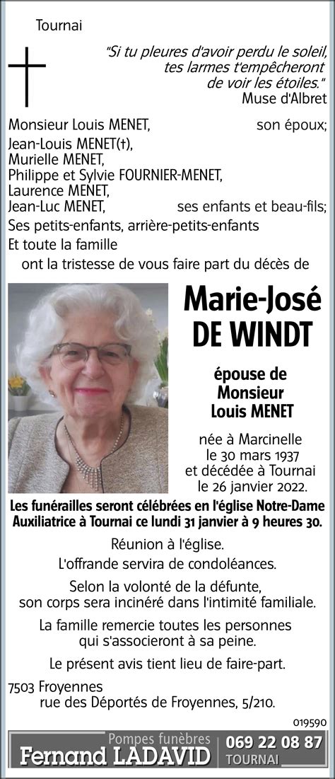 Marie José DE WINDT 26 01 2022 Avis nécrologique lavenir net