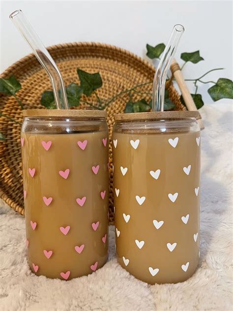 Heart Glass Cup Glass Cup With Bamboo Lid And Glass Straw Etsy In