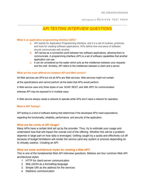 Api Testing Interview Questions Pdf Web Service World Wide Web