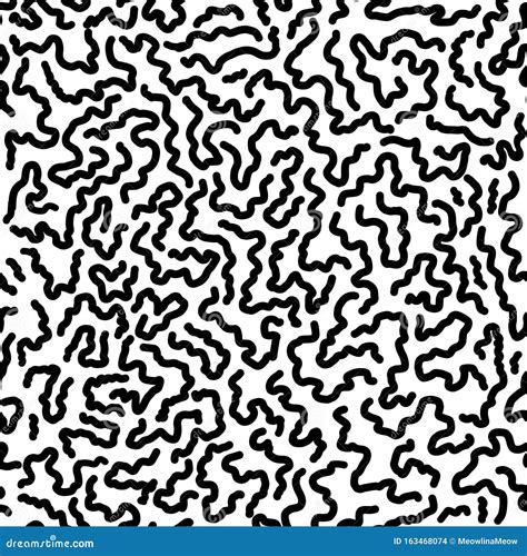 Seamless Black And White Scribble Curved Line Pattern In 80s 90s
