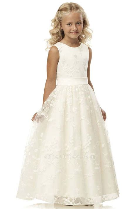 Cute Long A Line Jewel Lace Sleeveless Floor Length Flower Girl Dress
