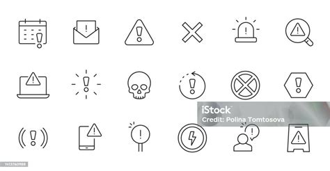 경고 위험 기호 줄 아이콘 집합입니다 주의 경고 느낌표가 얇게 편집 가능한 선 획 아이콘입니다 경고 정보 사고 알림 사고와 재해에 대한 스톡 벡터 아트 및 기타 이미지