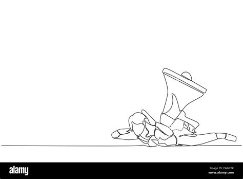 Single Continuous Line Drawing Unhappy Businesswoman Under Heavy