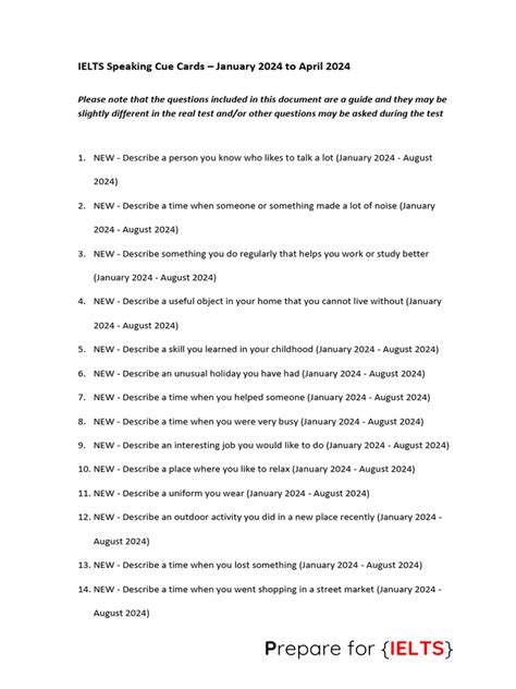 1 Ielts Speaking Cue Cards January To April 2024 Pdf