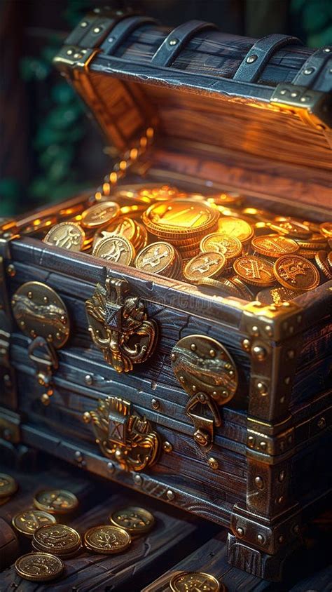 half opened pirate chest full of gold coins inside stock illustration