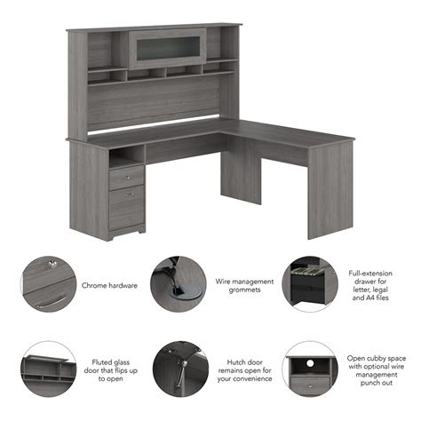 Cabot 72w L Shaped Desk With Hutch And Drawers In Modern Gray