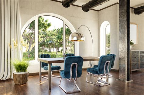 아치형 창문과 풍경 전망을 즐길 수 있는 고급스러운 로프트 아파트 고귀한 식당 인테리어 디자인 모형 3d 그림 0명에 대한 스톡 사진 및 기타 이미지 Istock