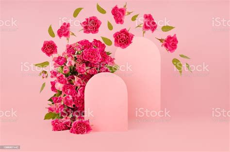 봄 의 신선한 핑크 장미는 두 개의 빈 둥근 문이 아치로 연단은 플라이 그린 잎 프리젠 테이션 화장품 상품 광고 핑크 배경에