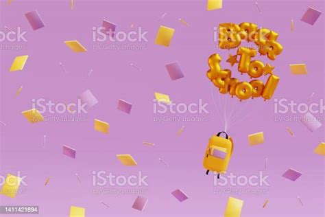 분홍색 배경에 날아 다니는 다른 다채로운 문구와 풍선이있는 배낭 3d 렌더링 0명에 대한 스톡 사진 및 기타 이미지 0명