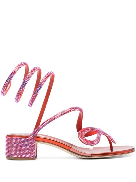 René Caovilla Rhinestone Embellished Mid Heel Sandals Red Farfetch