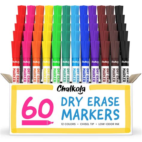 60 Dry Erase Markers Chisel Tip 12 Colors