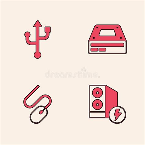 Set Case Of Computer Usb Optical Disc Drive And Computer Mouse Icon Vector Stock Vector