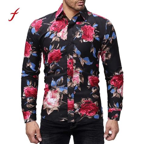 Feitong Autumn Winter Blouse Mens Casual Floral Print Long Sleeve