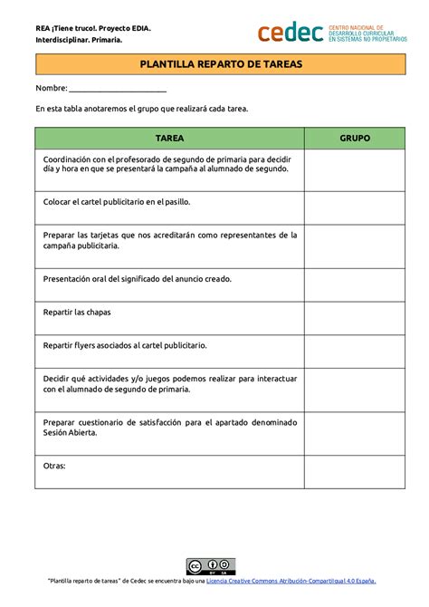 Plantilla Reparto De Tareas Tareas Primarias Plantas