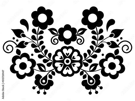 Mexican Folk Art Embroidery Style Vector Pattern With Flowers Black