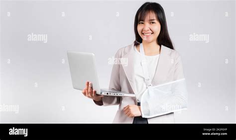 Asian Business Woman Confident Smiling Broken Arm After Accident And