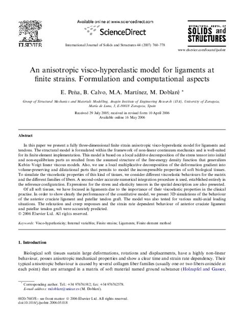 Pdf An Anisotropic Visco Hyperelastic Model For Ligaments At Finite