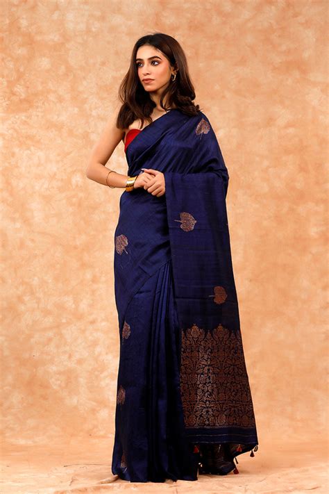 Ink Blue Handwoven Raw Silk Saree Chinaya Banaras