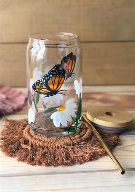 Butterfly Iced Coffee Glass Cup Boho Butterfly Glass Cup Etsy In