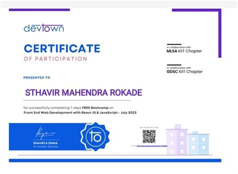 Honoured By Devtown For React Js Bootcamp Sthavir Rokade Posted On
