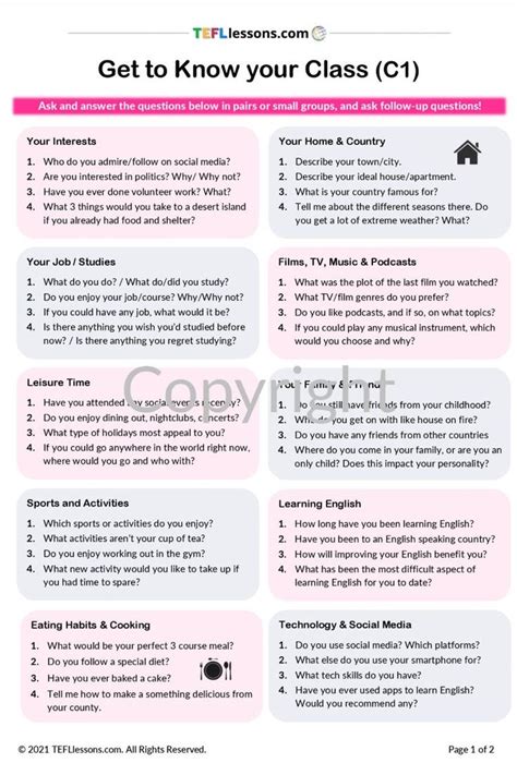 Get To Know Your Class C1 Speaking Activities English English