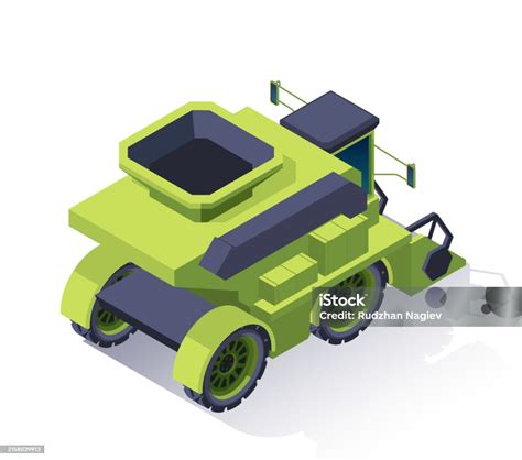 농장 차량 등각 투영 아이콘입니다 경작을 위한 콤바인 또는 불도저의 뒷모습 토양을 경작하고 쟁기질하기 위한 농업 기계 3d 벡터 일러스트 레이 션 3차원 형태에 대한 스톡