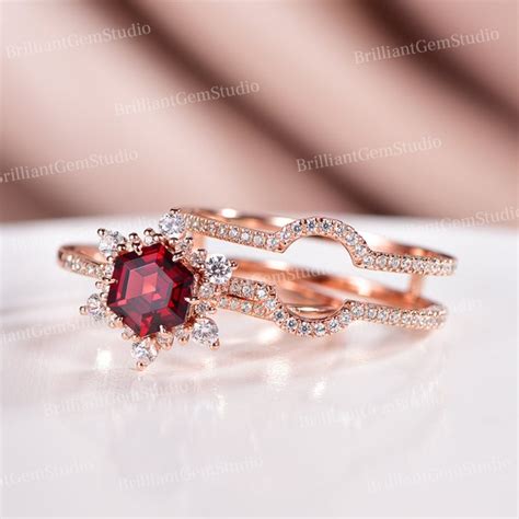 Garnet Engagement Ring Set Etsy