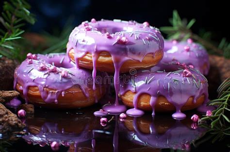 Three Donuts With Purple Frosting Are On A Black Surface Stock