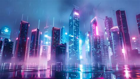 Futuristic Cityscape With Holographic Buildings And Neon Lights Showcasing Advanced