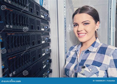 Female Technician Working On Server Maintenance Stock Image Image Of