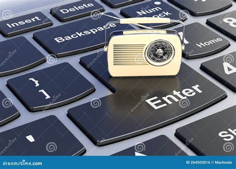 Retro Receiver Radio On Laptop Keyboard 3D Rendering Stock