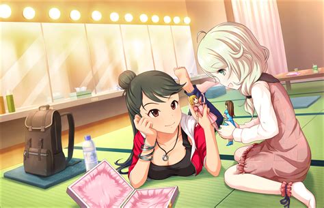 Safebooru 2girls Barefoot Bracelet Breasts Brown Eyes Cleavage Denim