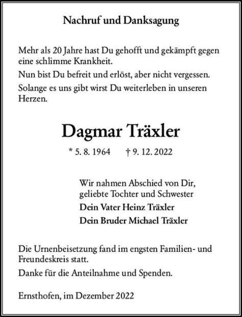 Traueranzeigen von Dagmar Träxler vrm trauer de