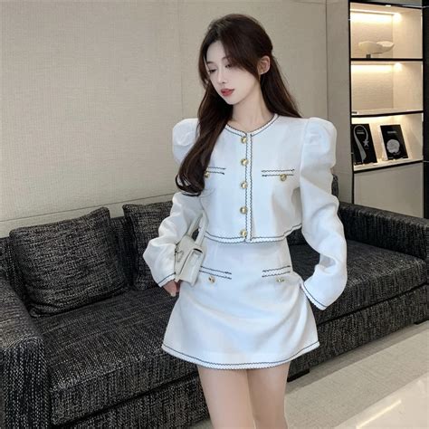 우아한 여성 투피스 세트 퍼프 슬리브 겉옷 짧은 오픈 탑 셔츠 하이 스프링 허리 스커트 시스 2023 Aliexpress