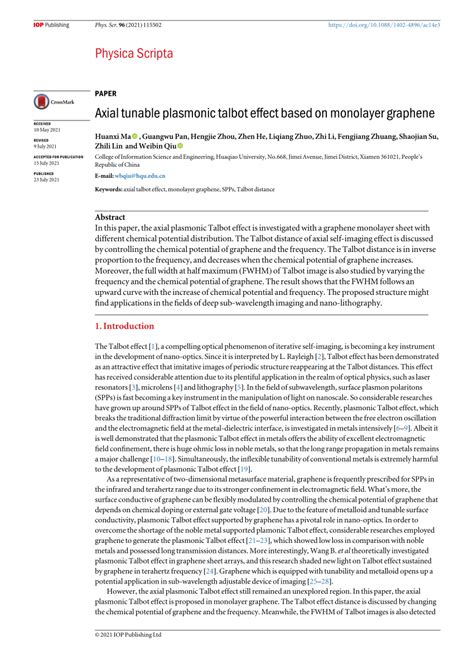 Axial Tunable Plasmonic Talbot Effect Based On Monolayer Graphene Request Pdf