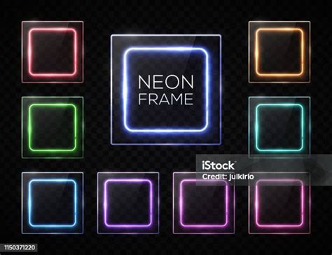 빛나는 유리 질감 사각 배너 세트입니다 Led 할로겐 램프가 있는 직사각형 프레임 반사 효과 기술은 투명 한 배경에 빈 텍스트
