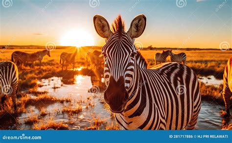 Zebra At Sunset In The Serengeti National Park Generative Ai Stock