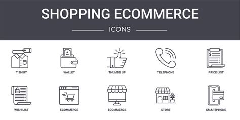 쇼핑 전자 상거래 개념 라인 아이콘 세트 웹 로고 지갑 전화 위시리스트 전자 상거래 상점 스마트 폰 가격표 엄지 손가락 까지 사용할 수있는 아이콘이 포함되어 있습니다 가격에