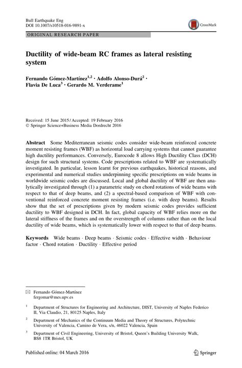 Pdf Ductility Of Wide Beam Rc Frames As Lateral Resisting System