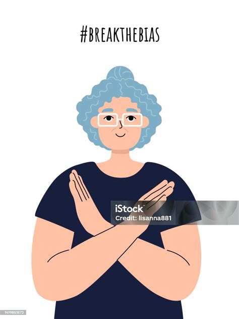 편견을 깨뜨립니다 노인 백인 여성은 성 차별을 멈추고 고정 관념과 싸우기 위해 팔을 뚫고 서 있습니다 국제 여성의 날 사람들