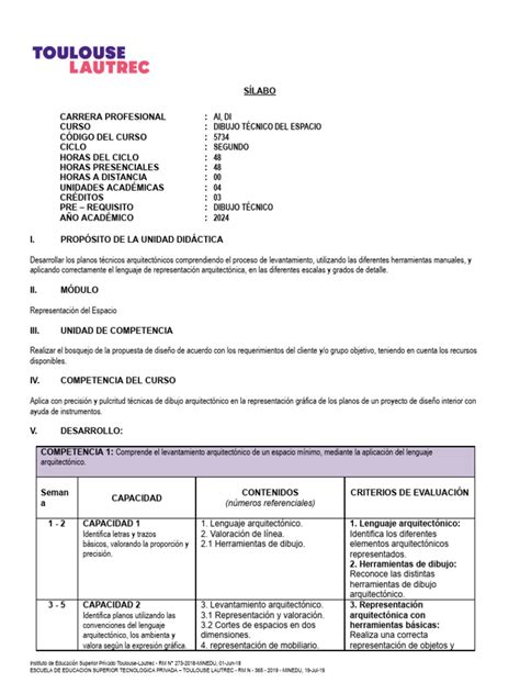 5734 Silabo Dibujo TÉcnico Del Espacio 2024docx Pdf Dibujo
