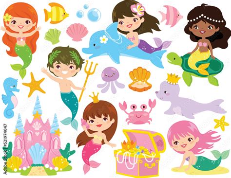 Mermaids World Clipart Set Cute Mermaids Merman Sea Animals And