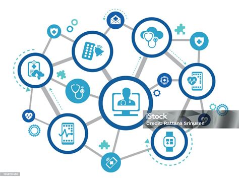 의학 벡터 일러스트레이션의 디지털 헬스케어 및 스마트 헬스 장치 및 Iot 기술 의료 빅 데이터 클라우드 애플리케이션 0명에